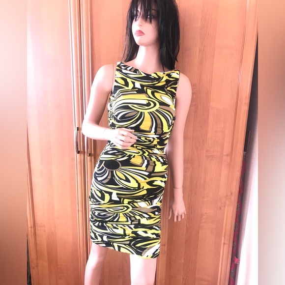 Cache | Dresses | Cache Yellow White Black Stretchy Open Back Midi ...